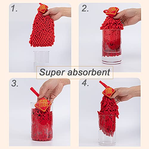 3 Pack Chenille Hanging Hand Towels Soft Absorbent Microfiber Hand Towels Plush Quick-Drying Cute Cartoon Chinese Red Hand Towel with Hanging Loops for Bathroom Kitchen(Lion+Koi+Blessing)