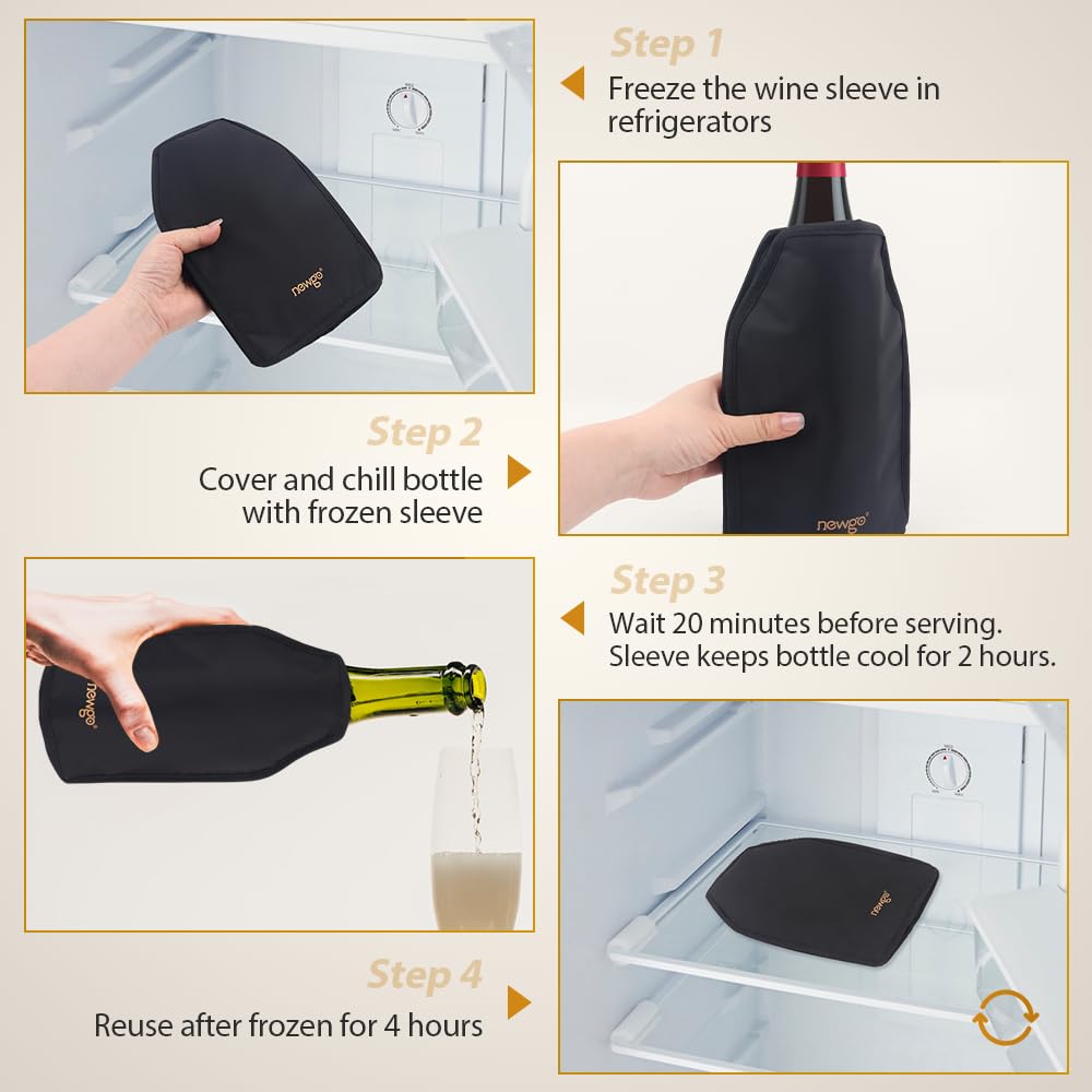 NEWGO Wine Cooler Sleeve Reusable Wine Bottle Cooler Flexible Wine Ice Pack Sleeve Keep Wine Cool and Refreshing for Standard Size Bottles for Red Wine, White Wine & Champagne - Black