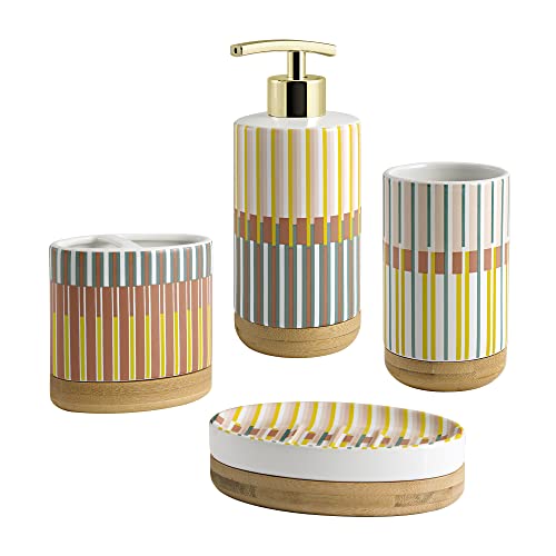 Allure Home Creation Market Stripe 4-Piece Ceramic with Bamboo Bath Accessory Set