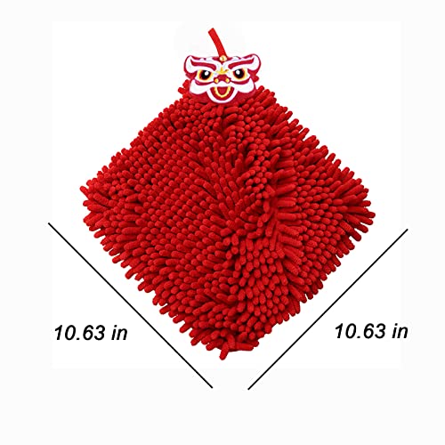 3 Pack Chenille Hanging Hand Towels Soft Absorbent Microfiber Hand Towels Plush Quick-Drying Cute Cartoon Chinese Red Hand Towel with Hanging Loops for Bathroom Kitchen(Lion+Koi+Blessing)