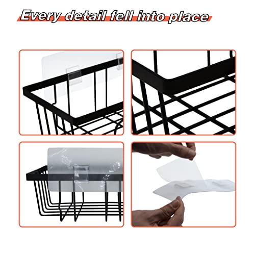 PoPThinG Shower Caddy, Bathroom Storage Shelf, Shampoo Organizer Basket with 3 Hooks and 2 Paste Adhesive. Large Capacity, Not Easy to Fall. Rust Proof Metal Shower Rack, Kitchen Storage. ( Black )