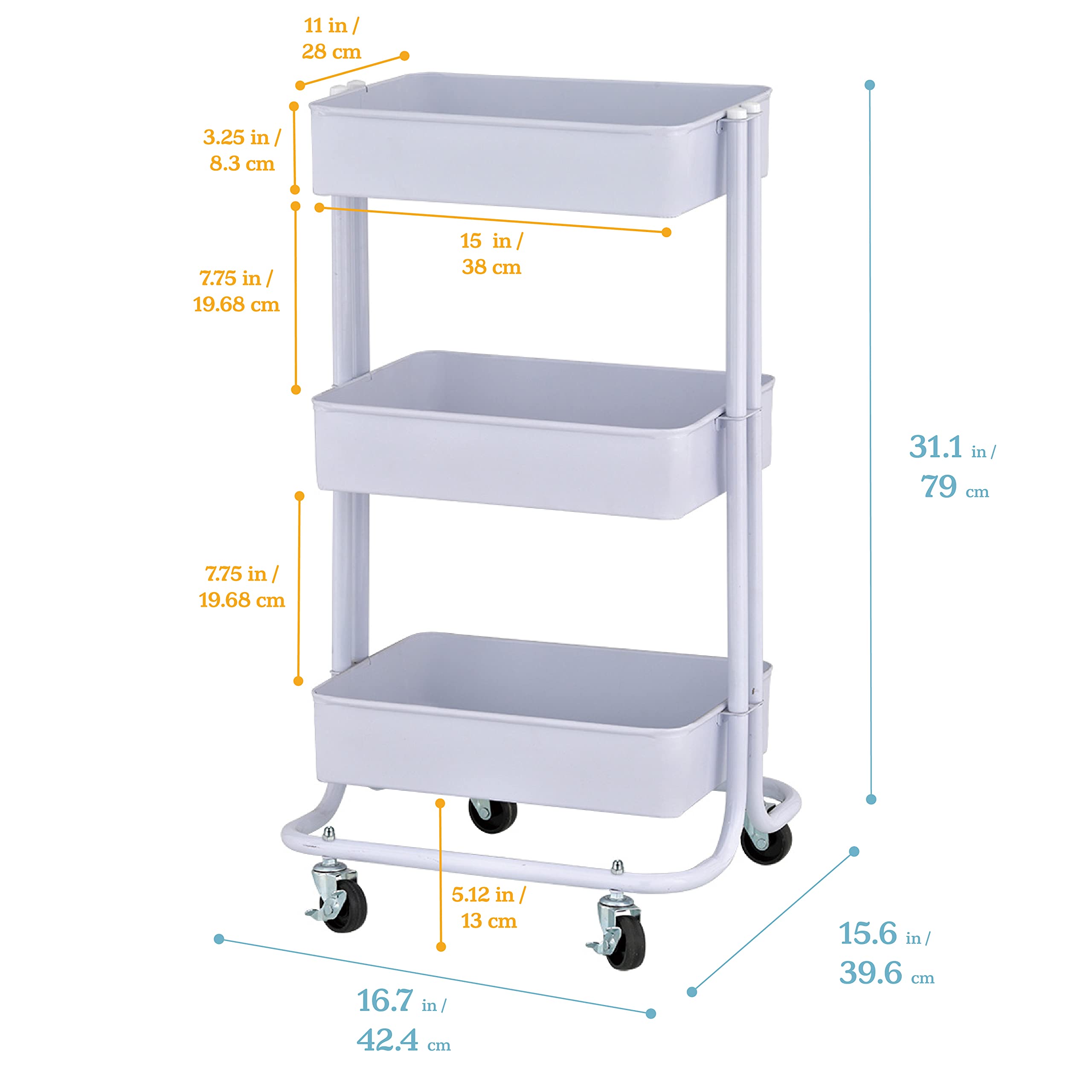 ECR4Kids 3-Tier Metal Rolling Utility Cart, Multipurpose Storage, White