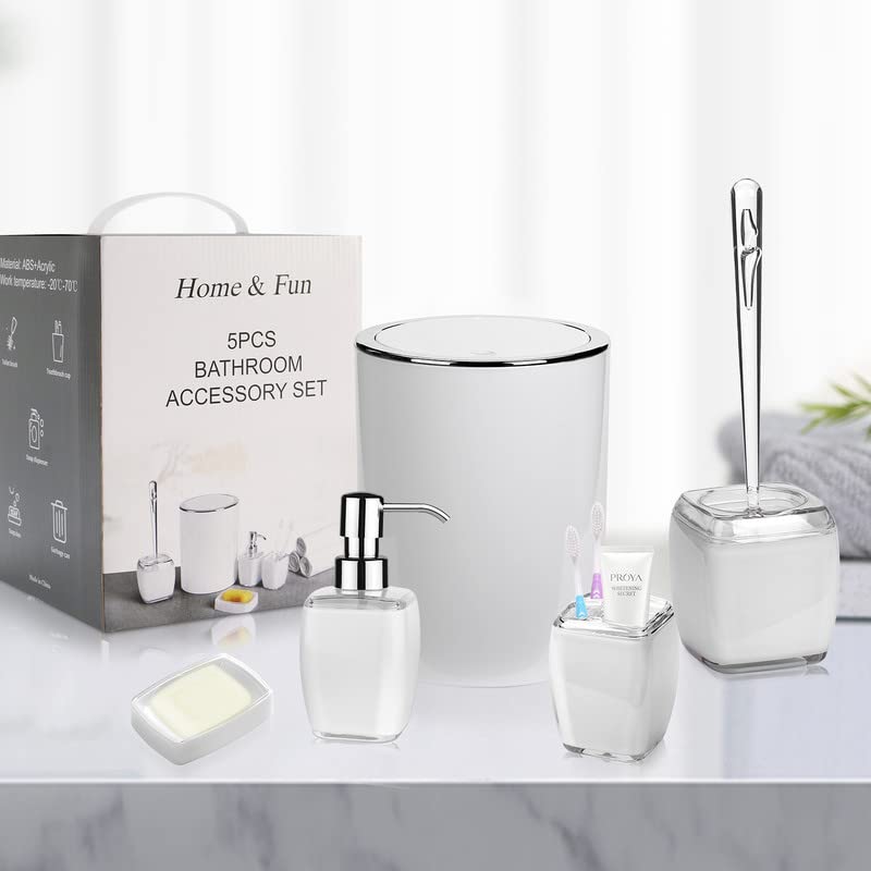 Bathroom Accessories Set 5 Piece Gift Set, Toothbrush Holder, Toilet Brush , Trash can, soap Dispenser, Soap Dish for Decorative Countertop and Housewarming Gift (White)
