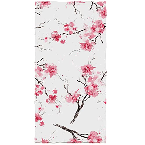 SLHETS Seamless Cherry Blossom Branches Hand Towels Pink Watercolor Flower Bath Towels Floral Soft Kitchen Dish Towels 13.6 X 29' for Home Decoration | Carry-On Hotel Gym Spa Sweat Towels