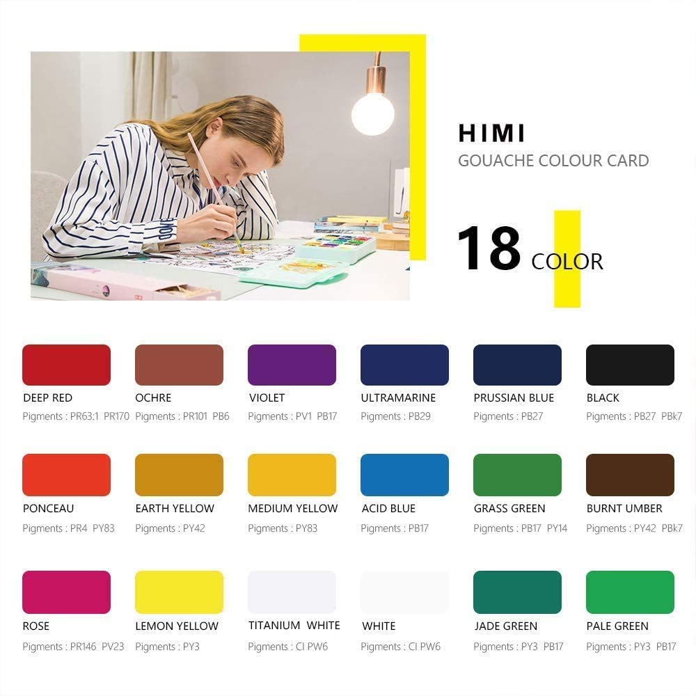 HIMI Gouache Paint Set, 18 Colors x 30ml with a Palette & a Carrying Case, Unique Jelly Cup Design, Miya Guache Paint on Canvas Watercolor Paper - Perfect for Beginners, Students, Artists(Green Case)