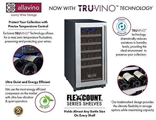 Allavino 15" Wide FlexCount II Tru-Vino 30 Bottle Single Zone Stainless Steel Left Hinge Wine Refrigerator