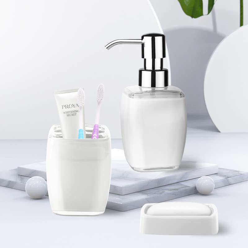 Bathroom Accessories Set 5 Piece Gift Set, Toothbrush Holder, Toilet Brush , Trash can, soap Dispenser, Soap Dish for Decorative Countertop and Housewarming Gift (White)