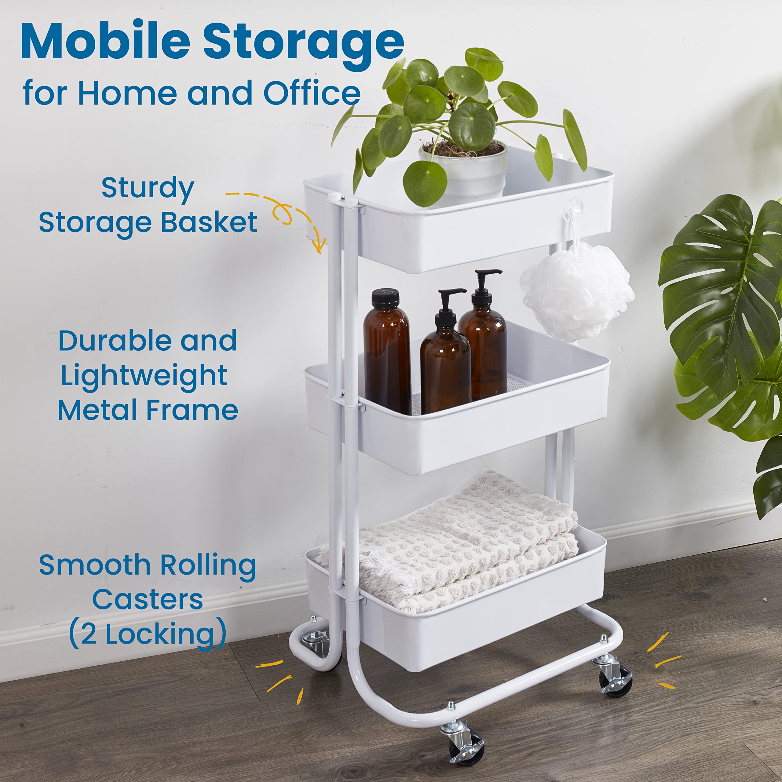 ECR4Kids 3-Tier Metal Rolling Utility Cart, Multipurpose Storage, White