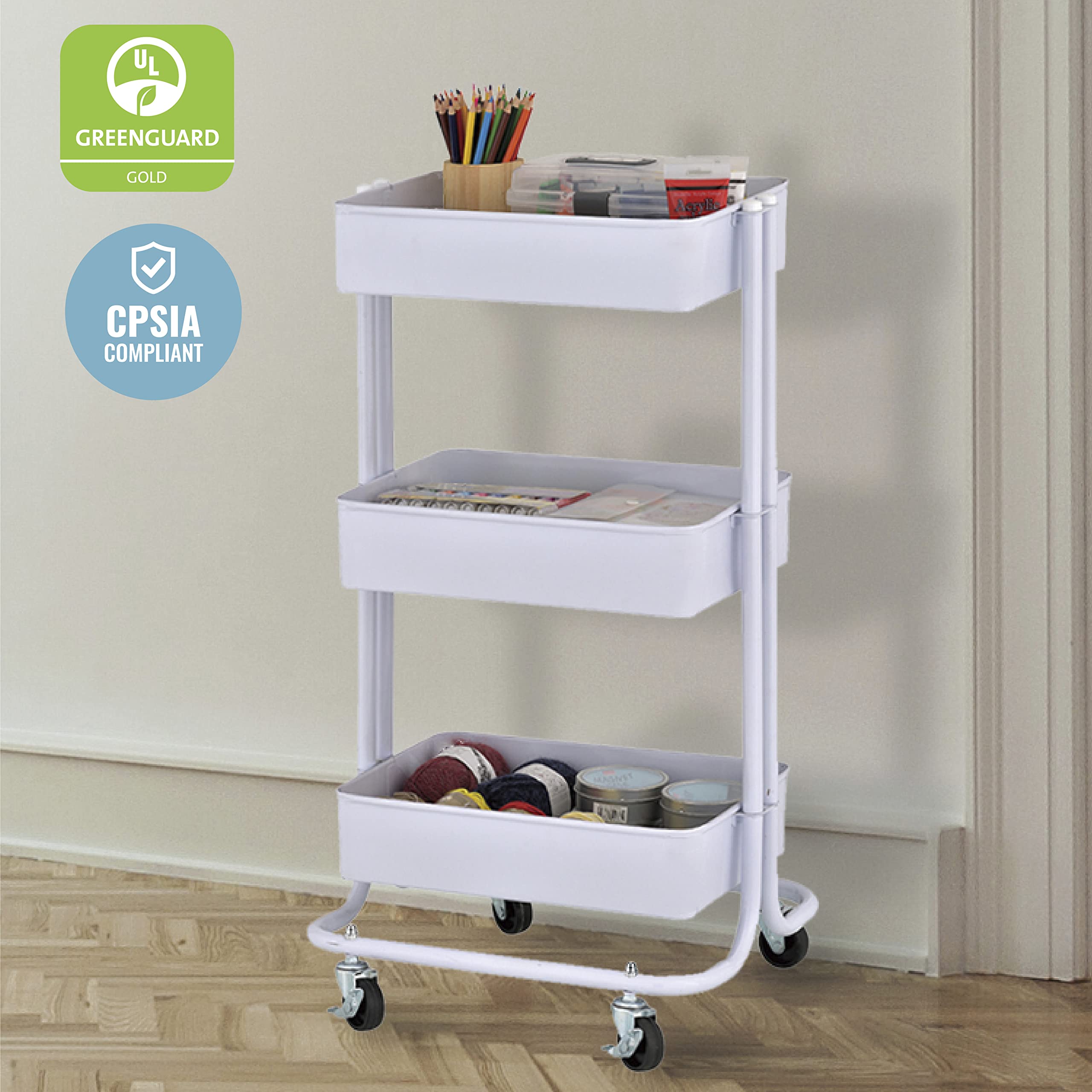 ECR4Kids 3-Tier Metal Rolling Utility Cart, Multipurpose Storage, White