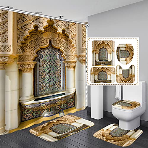 MOUMOUHOME 3D Print Door Bathroom Shower Curtain Set Moroccan Vintage Art Building Design Bathroom Accessories Royal Court Style Bohemian Pattern Door Bath Curtain Set with Rugs Set 4 Pieces