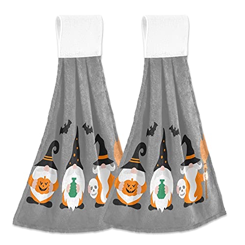 Halloween Gnomes Bats Hanging Kitchen Towels Pumpkin Skull Broom Hand Towel 2PCS Dish Cloth Tie Towel Absorbent Oven Stove Washcloth with Loop for Bathroom Home Decorative