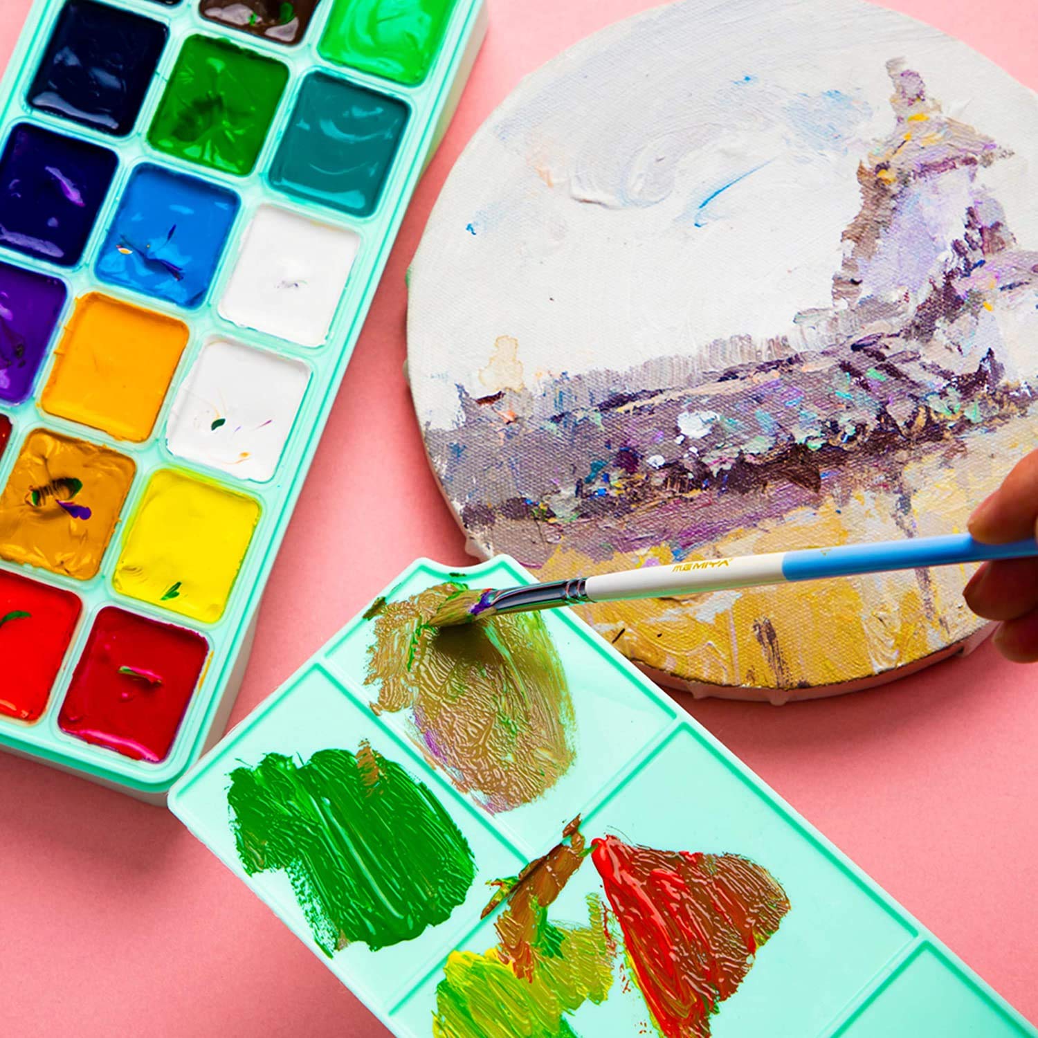 HIMI Gouache Paint Set, 18 Colors x 30ml with a Palette & a Carrying Case, Unique Jelly Cup Design, Miya Guache Paint on Canvas Watercolor Paper - Perfect for Beginners, Students, Artists(Green Case)