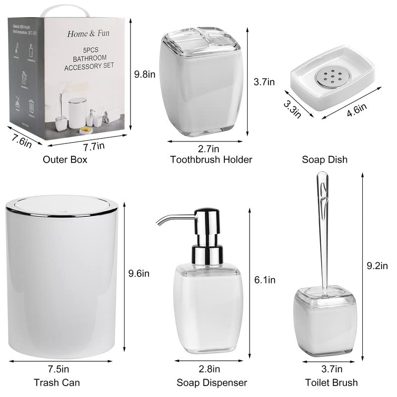 Bathroom Accessories Set 5 Piece Gift Set, Toothbrush Holder, Toilet Brush , Trash can, soap Dispenser, Soap Dish for Decorative Countertop and Housewarming Gift (White)