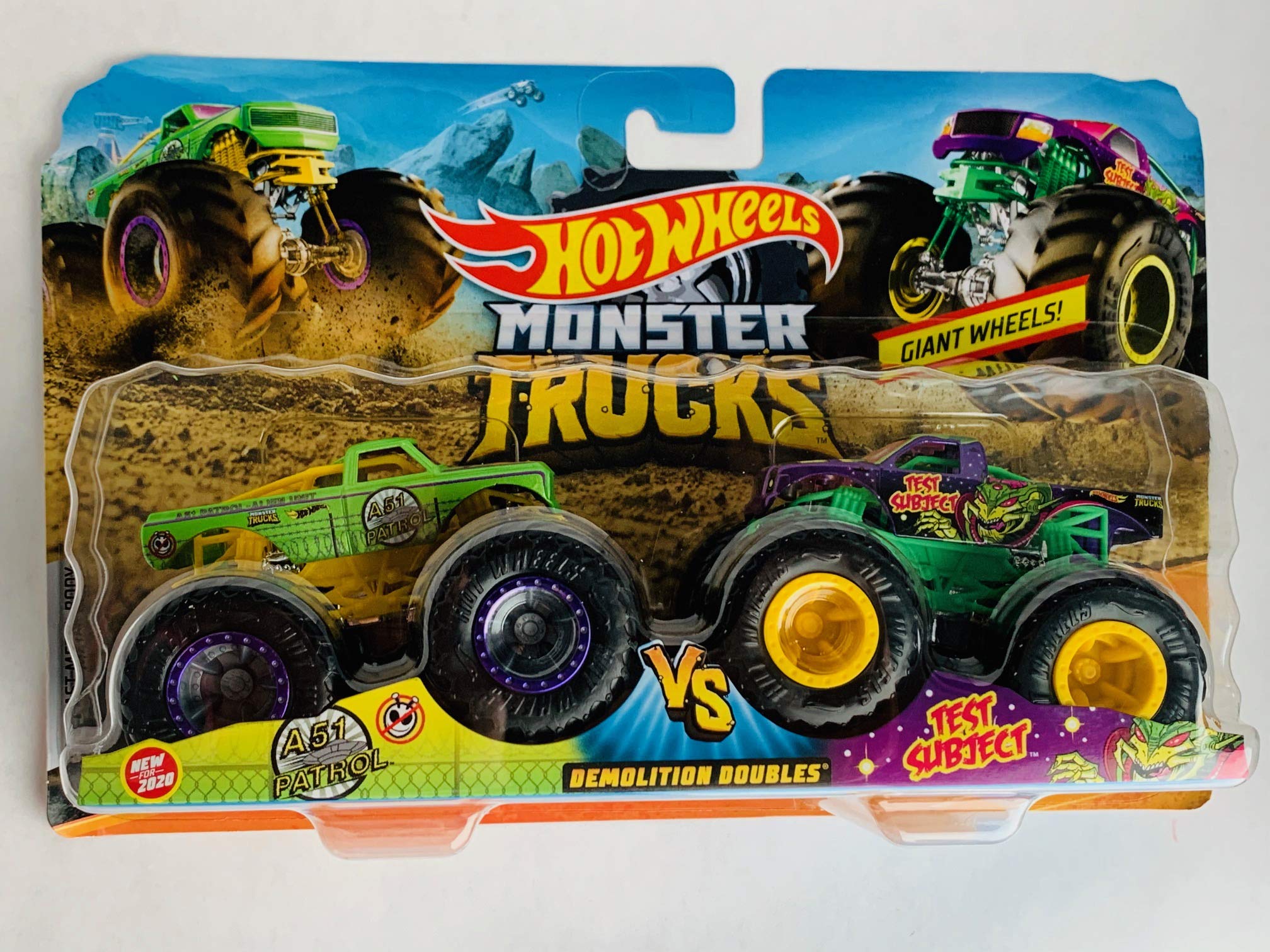 Hot Wheels 2020 Monster Trucks Demolition Doubles 1:64 Scale, A51 Patrol and Test Subject
