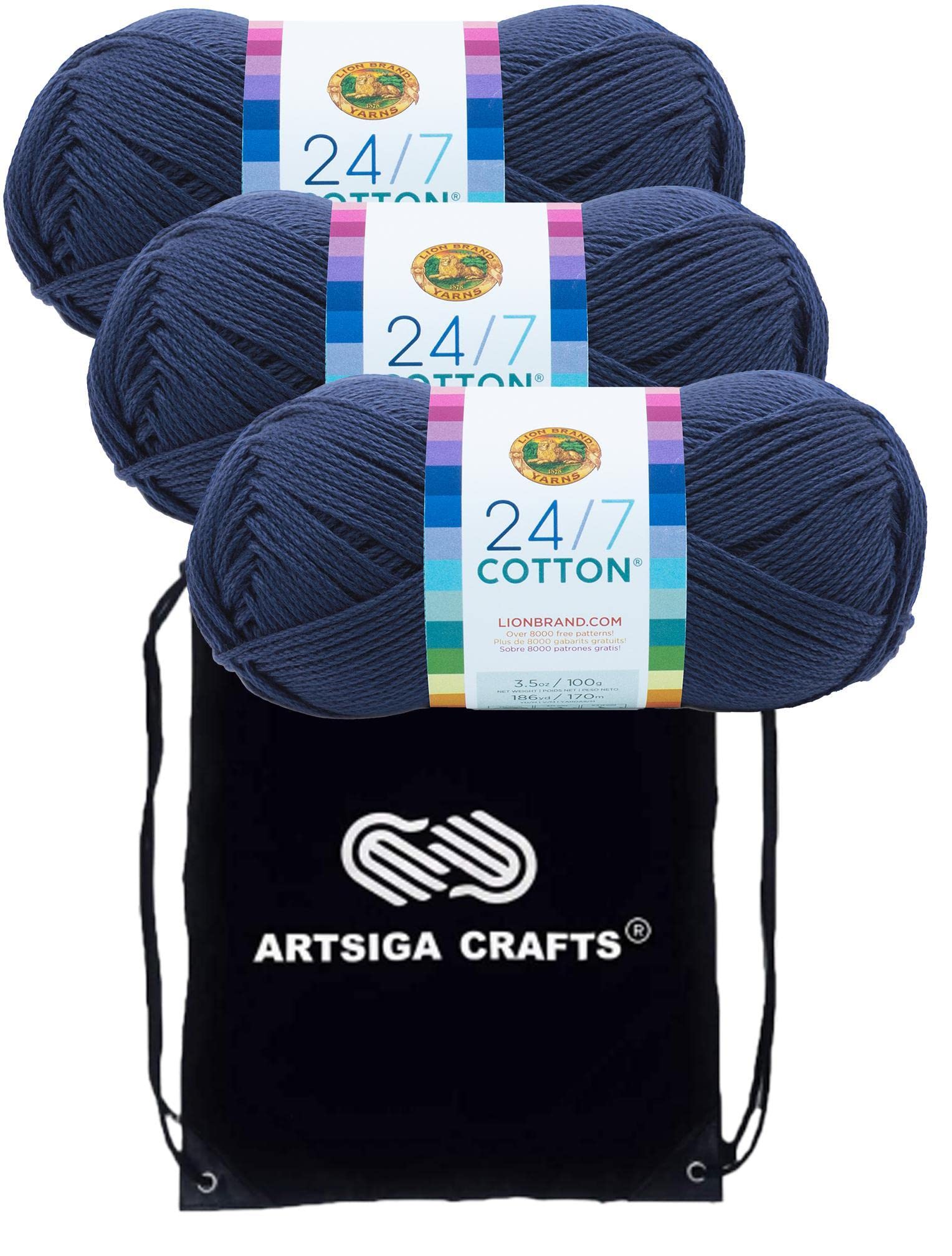 Lion Brand 24/7 Cotton Navy 761-110 (3-Skeins - Same Dye Lot) Worsted Medium #4 Cotton Yarn for Crocheting and Knitting with Project Bag