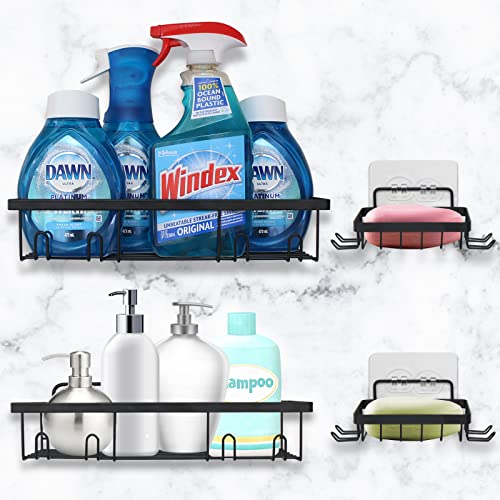 Fakoidat Shower Caddy with Soap Dish Holder, Set of 4 Adhesive Shower Shelves, Large Capacity Rustproof Stainless Steel Bathroom Organizer for Inside Shower, No Drilling Needed, Sleek Black Finish