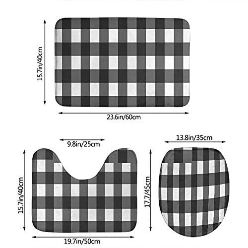 WONDERTIFY Gingham Checkered Bathroom Antiskid Pad Square Buffalo Check Plaid 3 Pieces Bathroom Rugs Set, Bath Mat+Contour+Toilet Lid Cover Black White