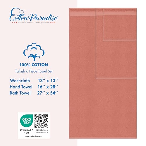 Cotton Paradise 6 Piece Towel Set, 100% Cotton Soft Absorbent Turkish Towels for Bathroom, 2 Bath Towels 2 Hand Towels 2 Washcloths, Coral Towel Set