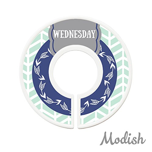 Modish Labels, Weekly Clothes Organizer, Days of The Week Closet Organizer System, Daily Closet Organizer, Closet Dividers, School Clothes Dividers (Navy Mint Arrows)