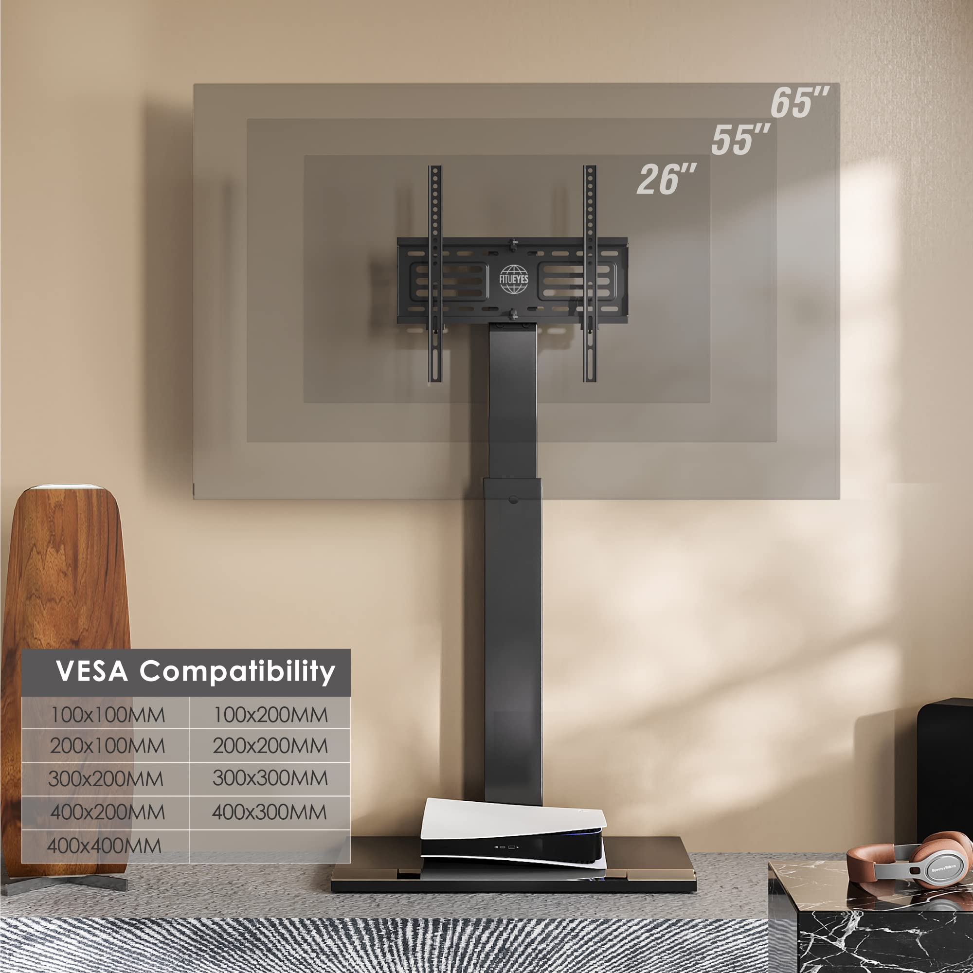 FITUEYES Iron Base Universal Floor TV Stand with Swivel Mount Space Saving for 26-65 Inch LED LCD OLED Plasma Flat Panel or Curved Screen TVs Height Adjustable Wire Management (Black)