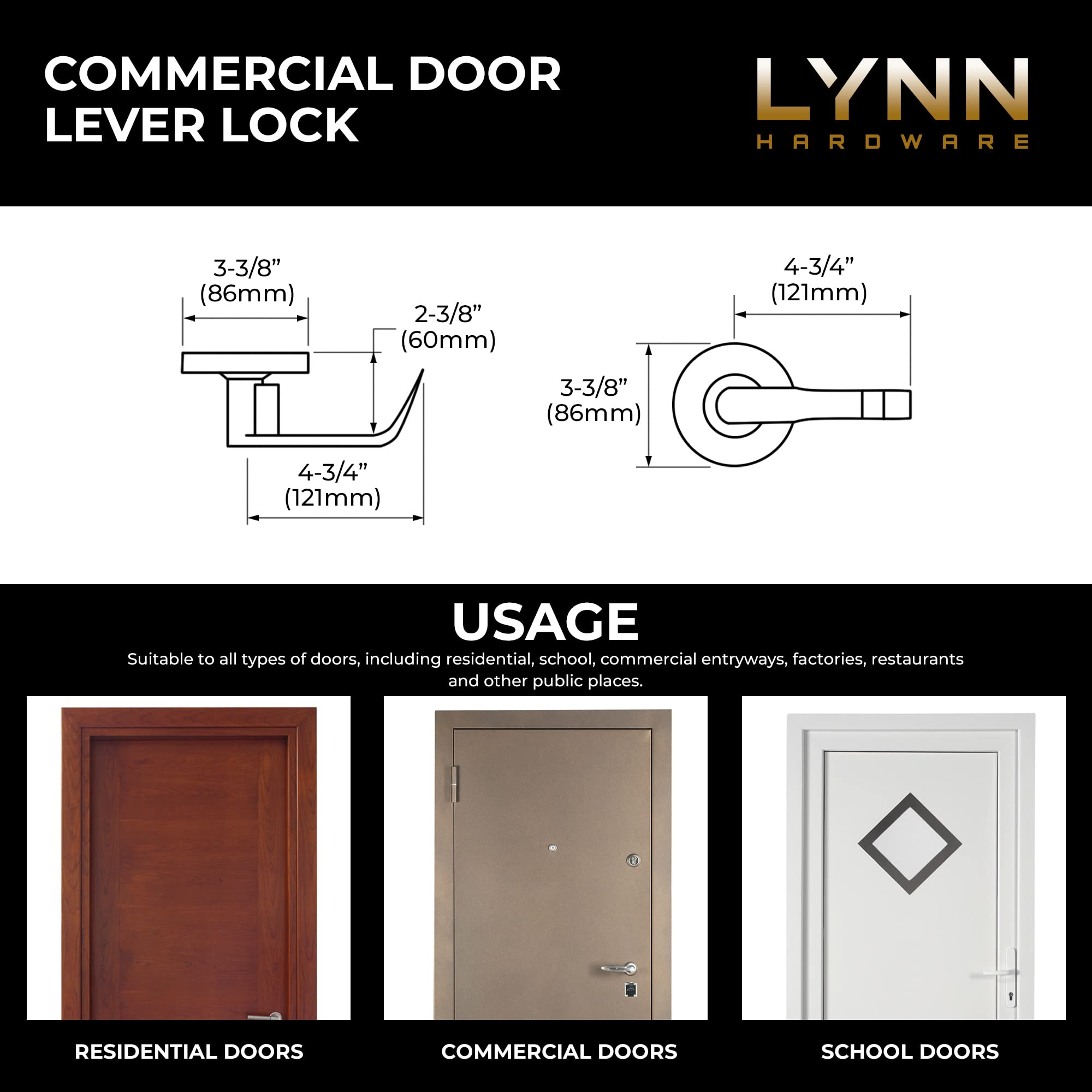 LYNN HARDWARE Commercial Door Lever Lock - Heavy-Duty Locking Door Handle, Designer Door Handles, Cylindrical Lever Lock, Non-Handed Grade 2 Door Handle, Satin Chrome, Storeroom Function