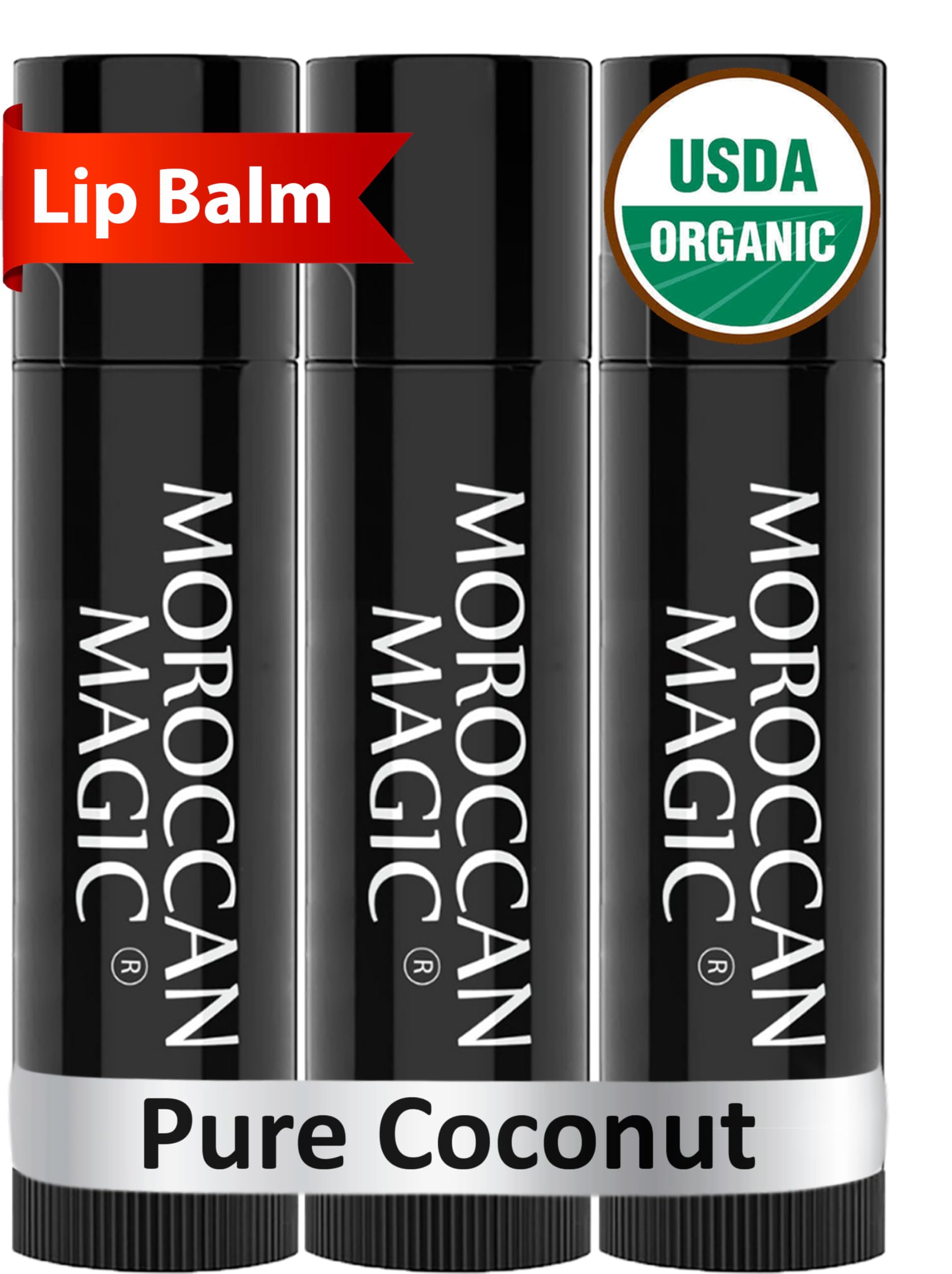 Moroccan Magic Organic Pure Coconut Lip Balm 3 Pack | Chapsticks for Dry Lips | Natural Argan & Essential Oils Lip Moisturizer + Vitamin E | Smooth, Hydrating, Non-Toxic | Organic Lip Balm Set