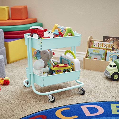 ECR4Kids 2-Tier Metal Rolling Utility Cart - Under Desk Office Storage, Multipurpose Mobile Organizer, Teal