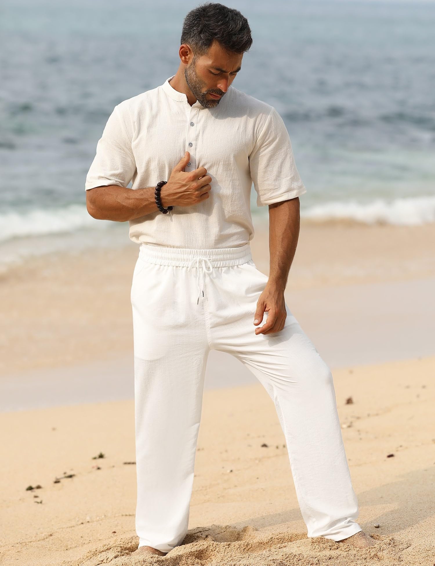 iWoo Pants with Elastic Waist Men Beach Linen Pants Drawstring Linen Pants White M