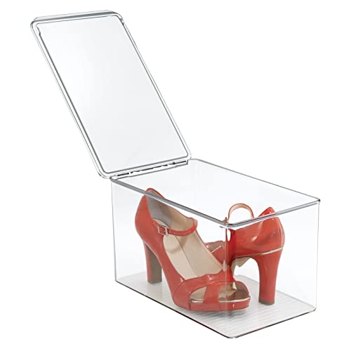 mDesign Stackable Plastic Closet Storage Container Bin Box with Hinge Lid for Organizing Shoes, Booties, Pumps, Sandals, Wedges, Flats, Heels - Lumiere Collection - 4 Pack - Clear