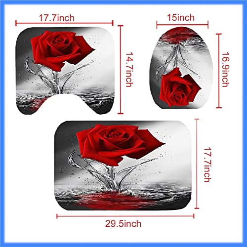 4PCS Red Rose Shower Curtain Set with Rugs,Toilet Lid Cover,U-Shaped Mat,Contemporary Water Pattern Red Rose Pattern Shower Curtains for Bathroom Waterproof Polyester Flower Bathroom Sets,71x71
