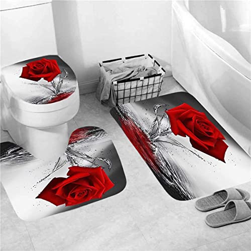 4PCS Red Rose Shower Curtain Set with Rugs,Toilet Lid Cover,U-Shaped Mat,Contemporary Water Pattern Red Rose Pattern Shower Curtains for Bathroom Waterproof Polyester Flower Bathroom Sets,71x71