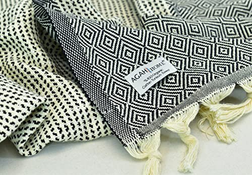 Agah Home Turkish Peshkir, Face Towel, Kitchen Towel, Monogrammed Towel, Personalized Hand Towel, Tea Towel, Cotton Towel, 18x36 in Kesik Elmas Peshkir (Black)