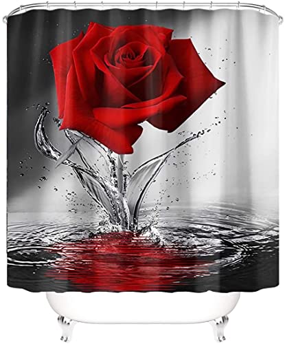 4PCS Red Rose Shower Curtain Set with Rugs,Toilet Lid Cover,U-Shaped Mat,Contemporary Water Pattern Red Rose Pattern Shower Curtains for Bathroom Waterproof Polyester Flower Bathroom Sets,71x71