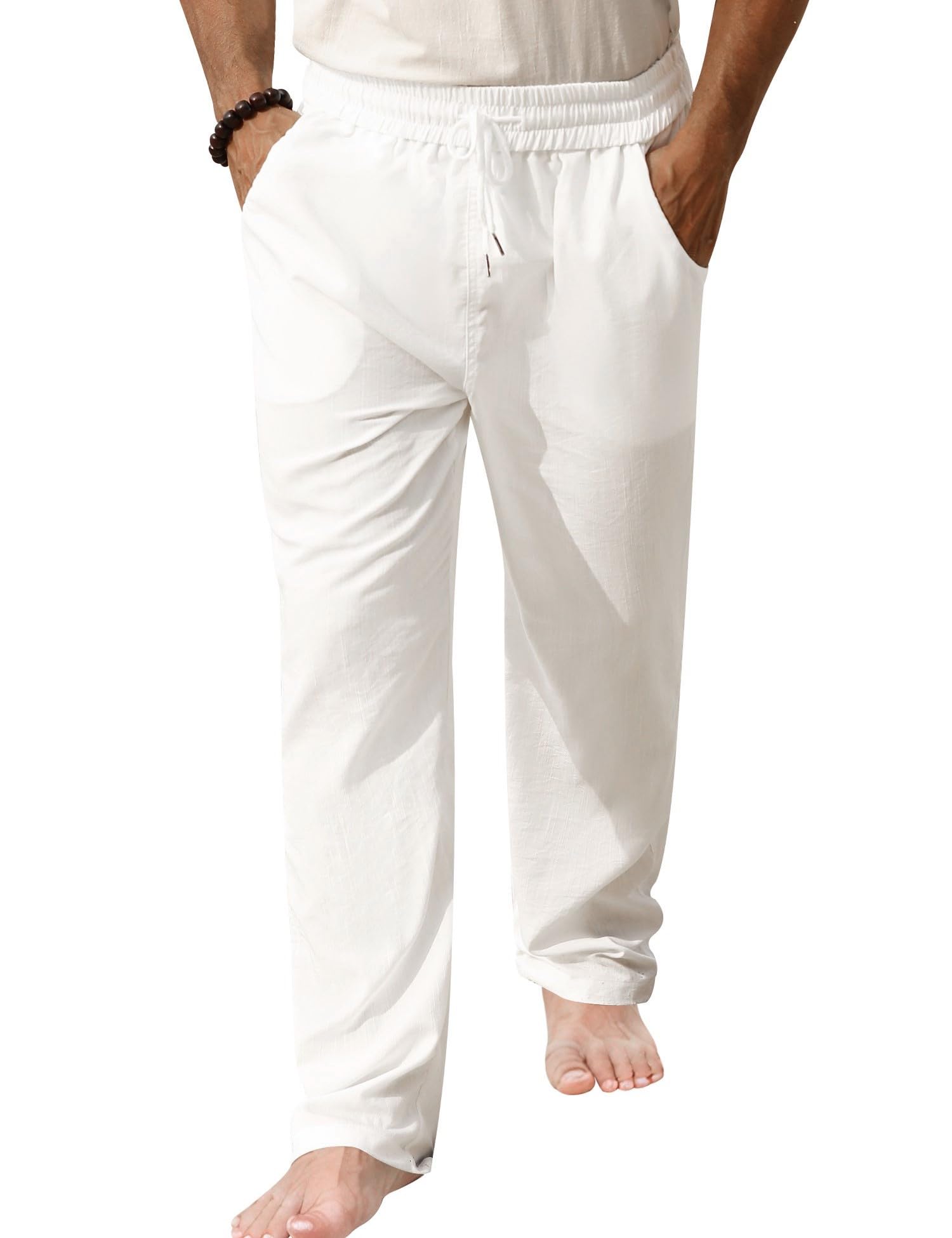 iWoo Pants with Elastic Waist Men Beach Linen Pants Drawstring Linen Pants White M