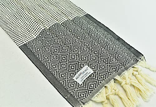 Agah Home Turkish Peshkir, Face Towel, Kitchen Towel, Monogrammed Towel, Personalized Hand Towel, Tea Towel, Cotton Towel, 18x36 in Kesik Elmas Peshkir (Black)
