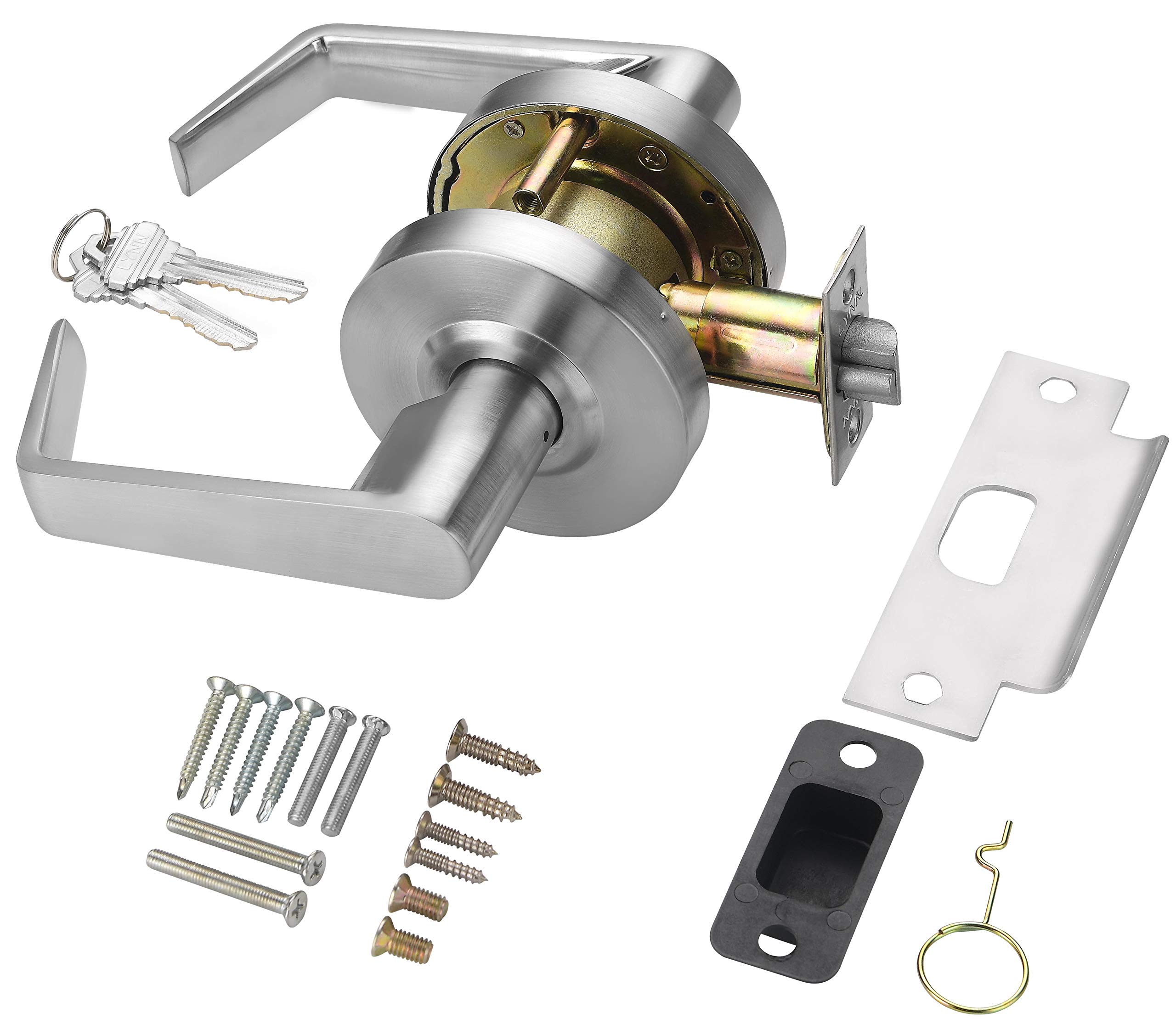 LYNN HARDWARE Commercial Door Lever Lock - Heavy-Duty Locking Door Handle, Designer Door Handles, Cylindrical Lever Lock, Non-Handed Grade 2 Door Handle, Satin Chrome, Storeroom Function