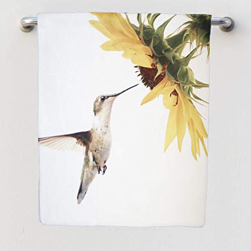 Ruby Throated Hummingbird Hand Towels Birds Approaching Beautiful Sunflower Face Towels Ultra Soft Floral Thin Towels 13.8' x 29.5' for Bathroom Kitchen Decor & Hotel, Gym, Spa