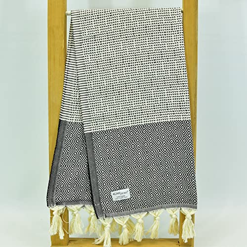 Agah Home Turkish Peshkir, Face Towel, Kitchen Towel, Monogrammed Towel, Personalized Hand Towel, Tea Towel, Cotton Towel, 18x36 in Kesik Elmas Peshkir (Black)