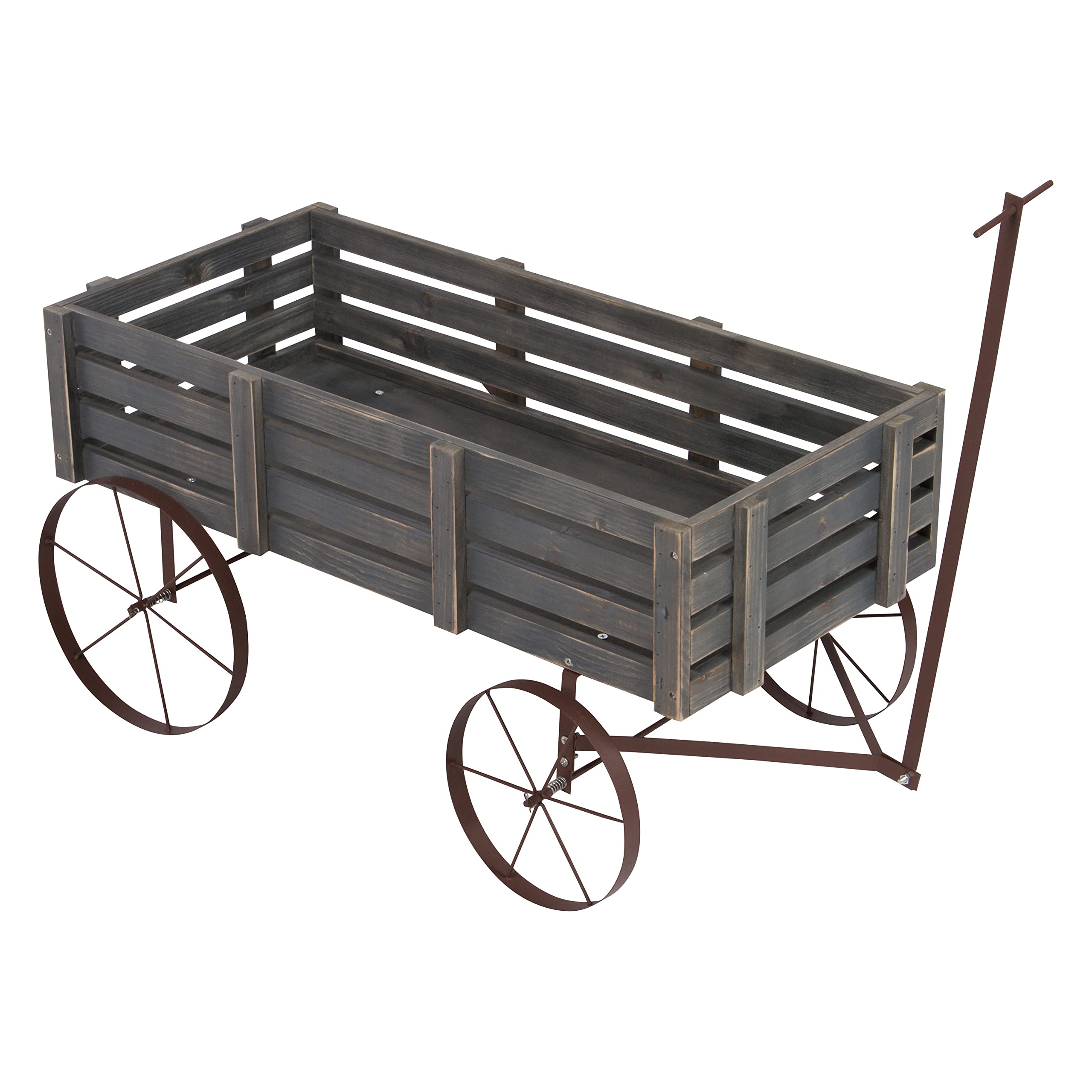 Shine Company Decorative Buckboard Wagon Garden Planter, Wooden Wagon Yard Décor for Outdoor Plants, Gray