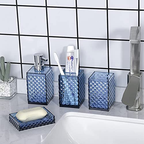JHLAYKG Blue Bathroom Accessory Set,4-Piece Plastic Bathroom Decor Accessories Complete Set,Includes Bathroom Soap Dispenser, Toothbrush Holder,Tumbler, Soap Dish