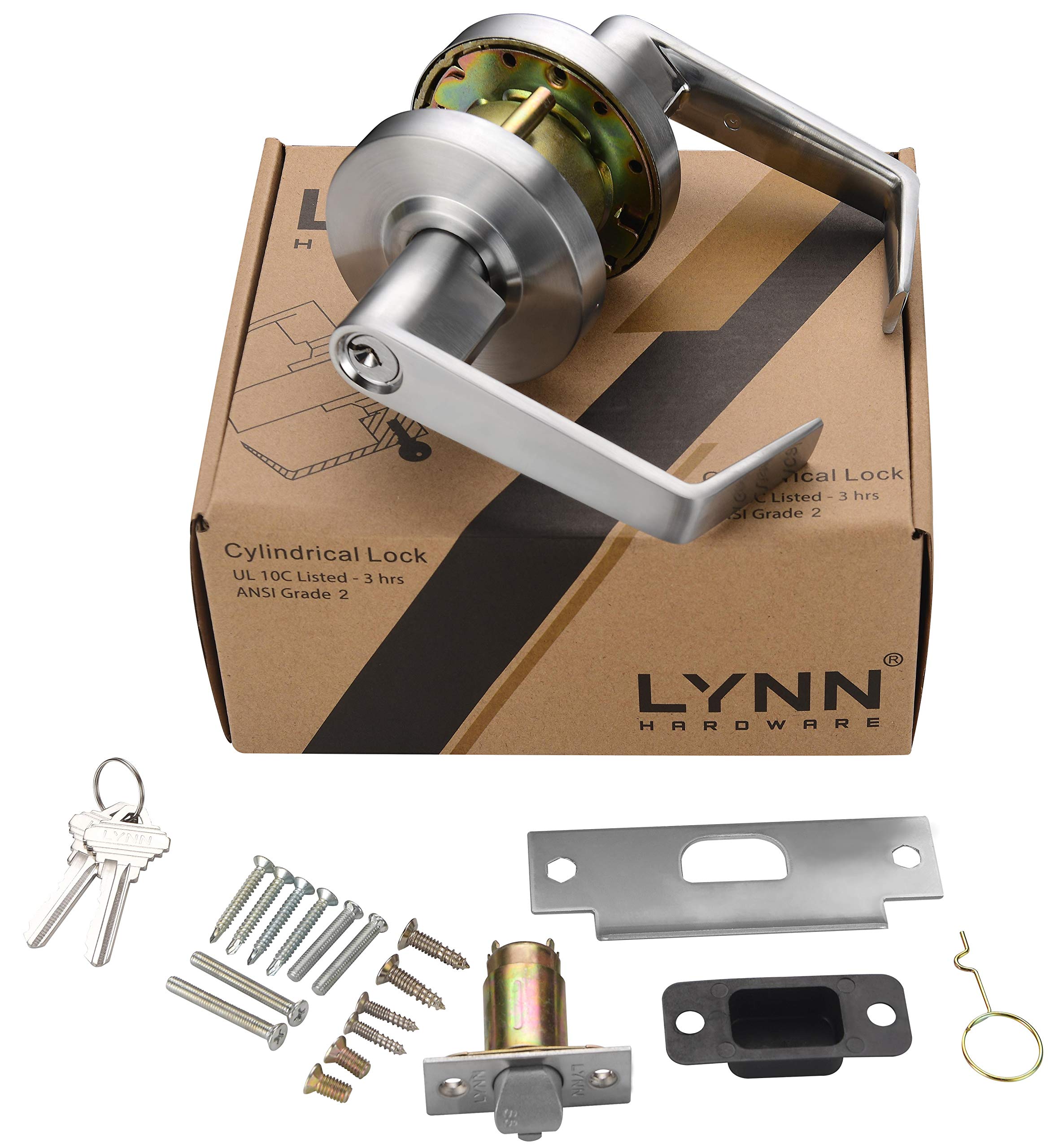 LYNN HARDWARE Commercial Door Lever Lock - Heavy-Duty Locking Door Handle, Designer Door Handles, Cylindrical Lever Lock, Non-Handed Grade 2 Door Handle, Satin Chrome, Storeroom Function