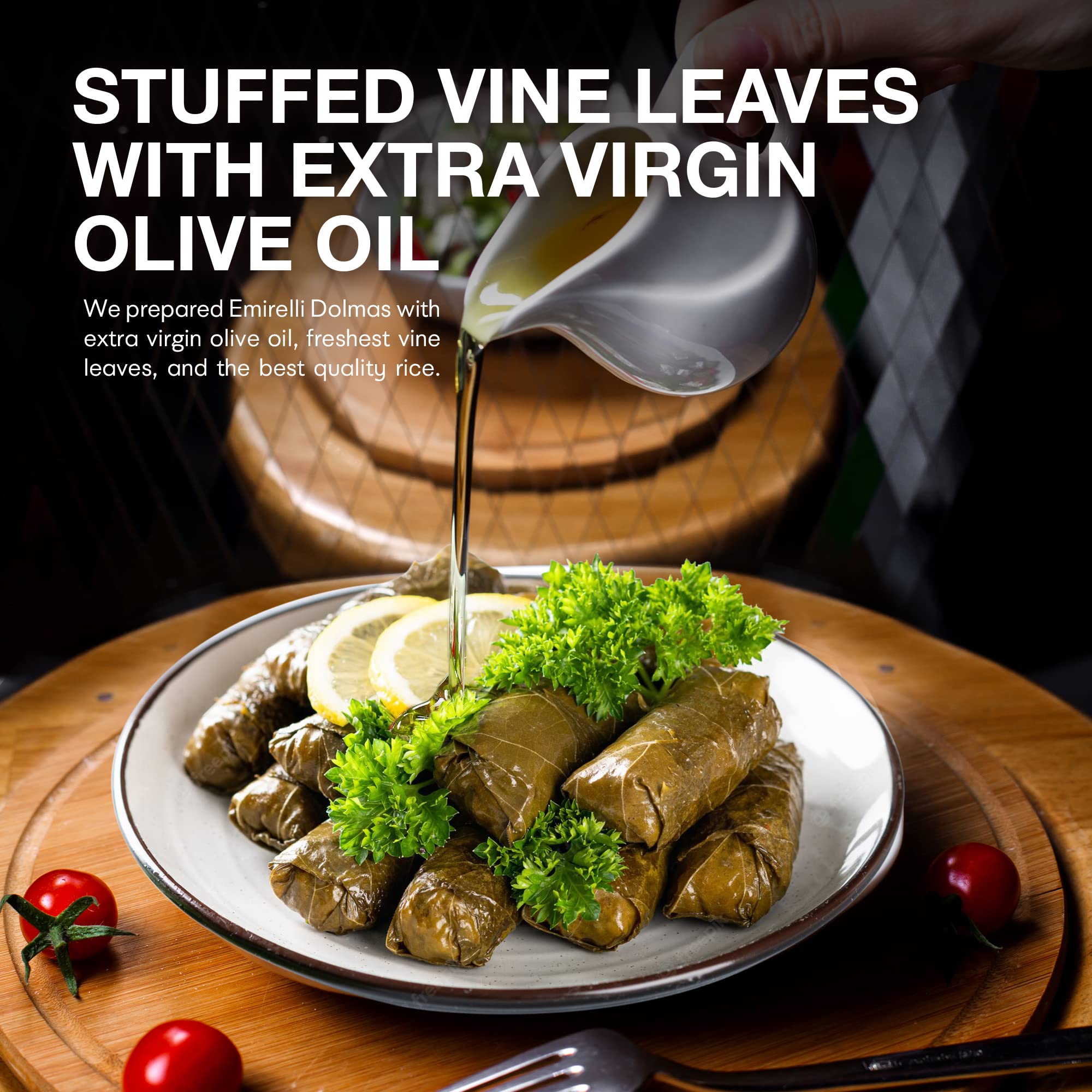 Emirelli Dolmas Stuffed Grape Leaves with Rice, Mediterranean Herbs in Extra Virgin Olive Oil β Super Tasty Ready to Eat Vegan Rolls - Traditional Turkish Recipe β Dolmades Can