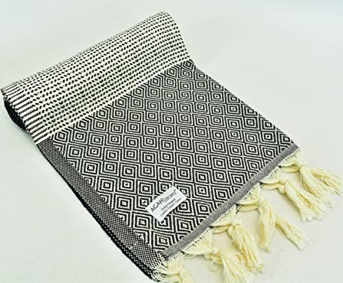 Agah Home Turkish Peshkir, Face Towel, Kitchen Towel, Monogrammed Towel, Personalized Hand Towel, Tea Towel, Cotton Towel, 18x36 in Kesik Elmas Peshkir (Black)