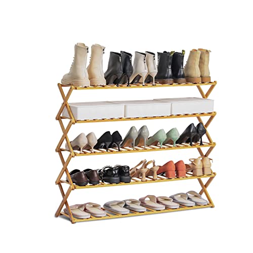 MoNiBloom Bamboo 5-Tier Wide Shoe Organizer Shelf, Stackable Shoes Shelf Storage Organize Installation-Free for Entryway, Hallway, Bedroom, Natural