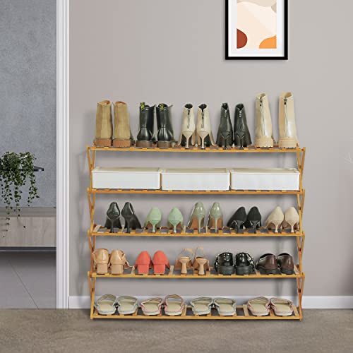 MoNiBloom Bamboo 5-Tier Wide Shoe Organizer Shelf, Stackable Shoes Shelf Storage Organize Installation-Free for Entryway, Hallway, Bedroom, Natural