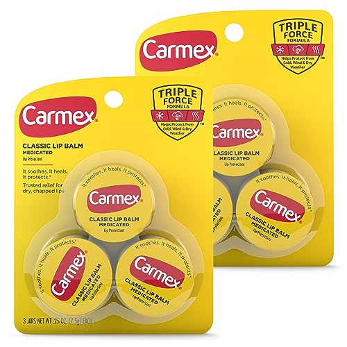 Carmex Medicated Lip Balm Jar, Lip Moisturizer for Dry, Chapped Lips, 0.25 OZ - (2 Packs of 3)