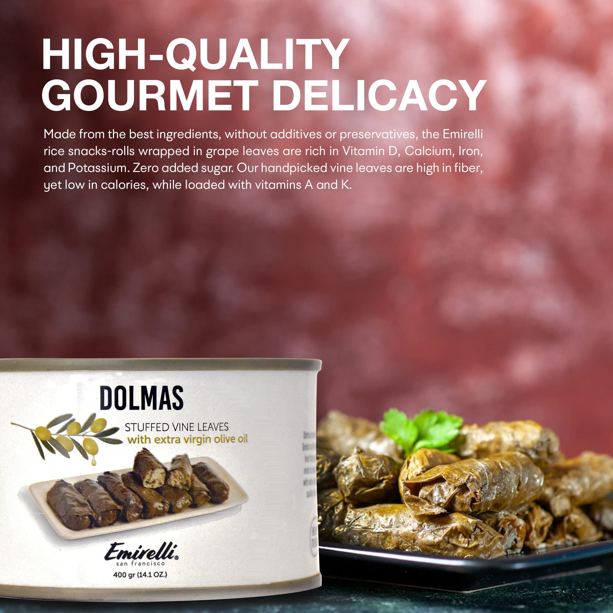 Emirelli Dolmas Stuffed Grape Leaves with Rice, Mediterranean Herbs in Extra Virgin Olive Oil β Super Tasty Ready to Eat Vegan Rolls - Traditional Turkish Recipe β Dolmades Can