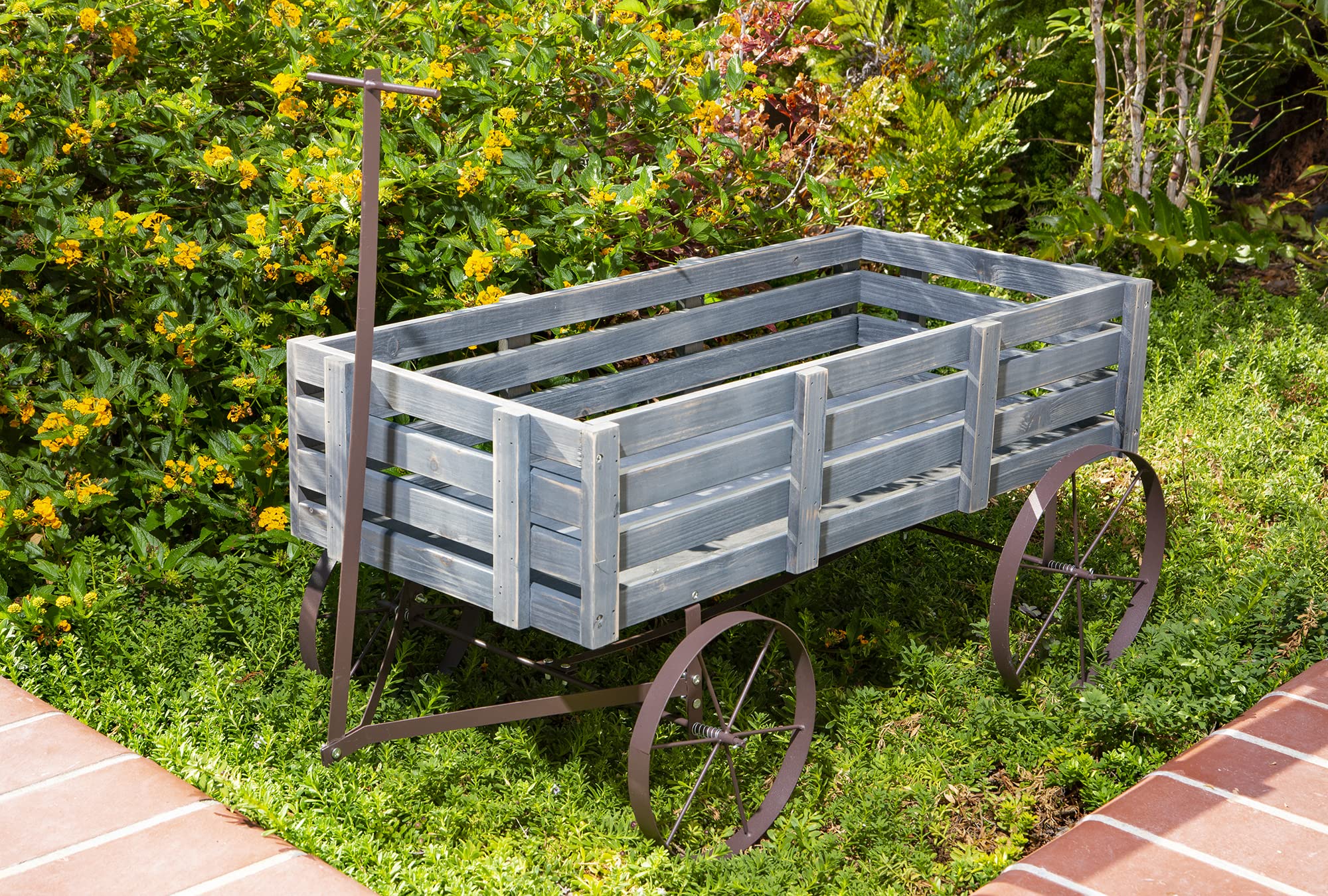Shine Company Decorative Buckboard Wagon Garden Planter, Wooden Wagon Yard Décor for Outdoor Plants, Gray