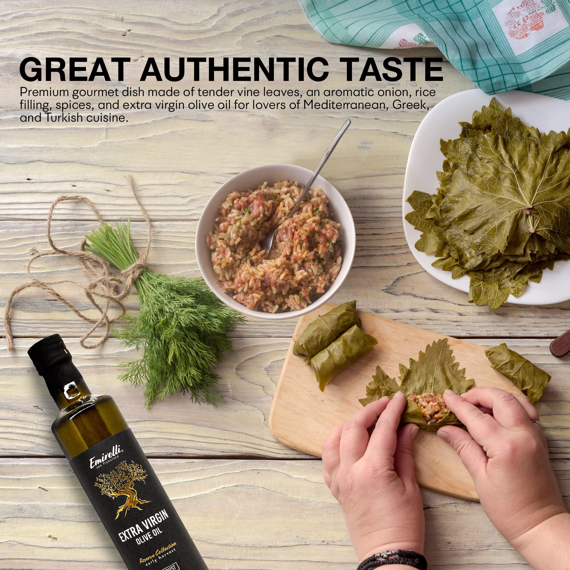 Emirelli Dolmas Stuffed Grape Leaves with Rice, Mediterranean Herbs in Extra Virgin Olive Oil β Super Tasty Ready to Eat Vegan Rolls - Traditional Turkish Recipe β Dolmades Can
