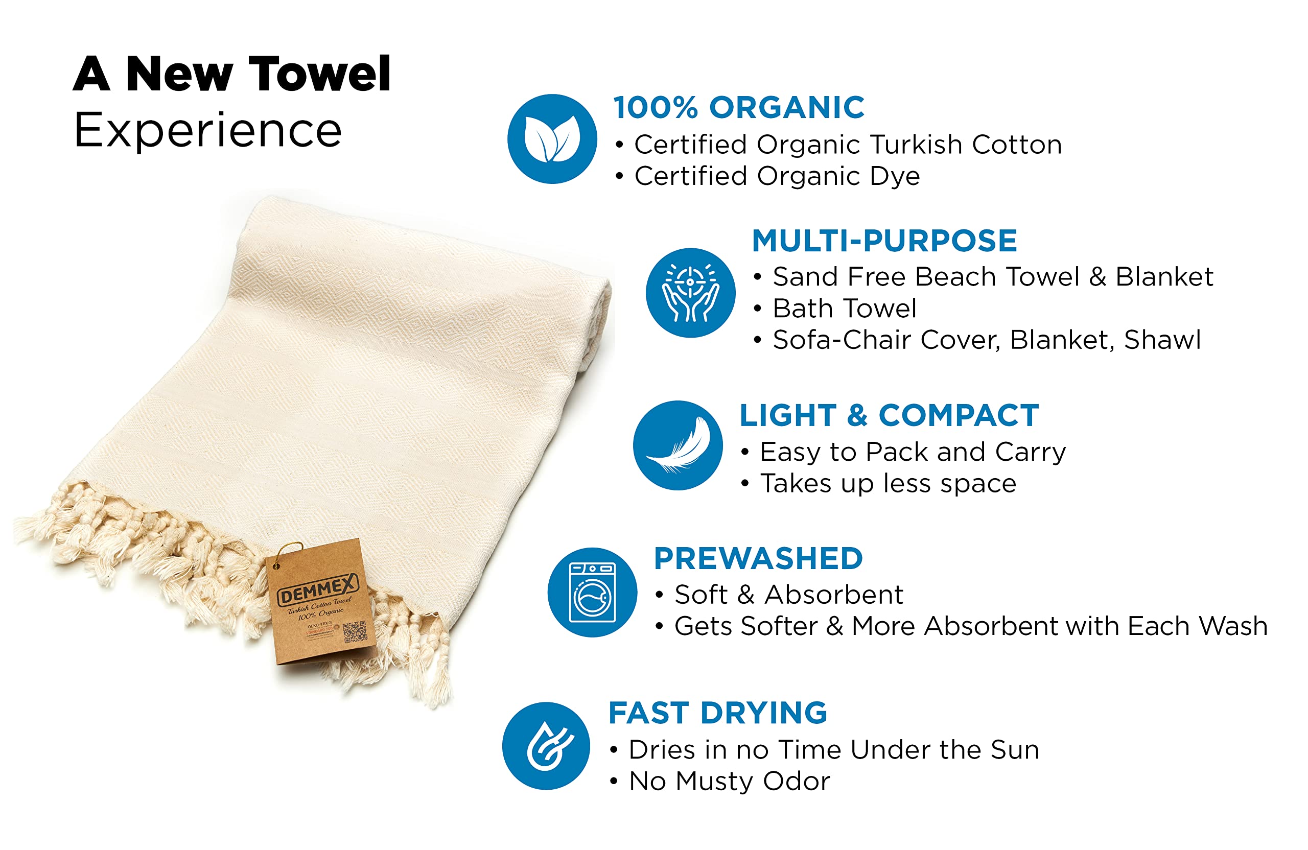 DEMMEX Oversized Turkish Bath Towel - 100% Organic Cotton, Ultra Soft, Quick-Drying, Lightweight Peshtemal, Prewashed, Diamond Weave, Oeko-TEX Certified, 71x36, Luxury Bathroom and Spa Towel, White